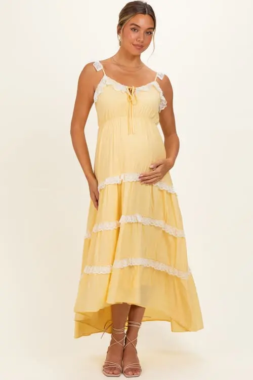 PINKBLUSH Lace Trim Tiered Maxi Dress - Yellow