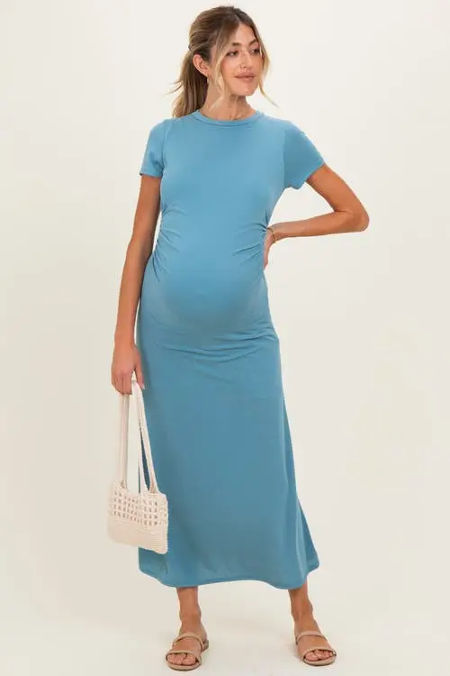 PINKBLUSH Short Sleeve Ruched Midi Dress - Blue