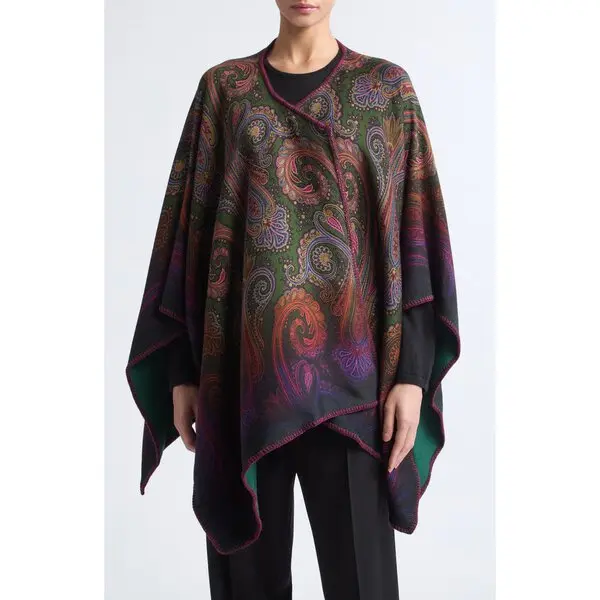 Etro Ombré Paisley Swirl Reversible Wool Blend Cape - Green