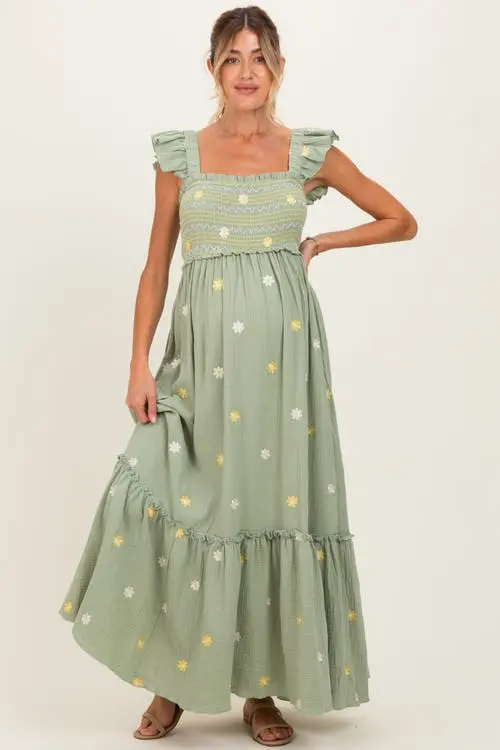PINKBLUSH Floral Embroidered Smocked Maxi Dress - Light Olive