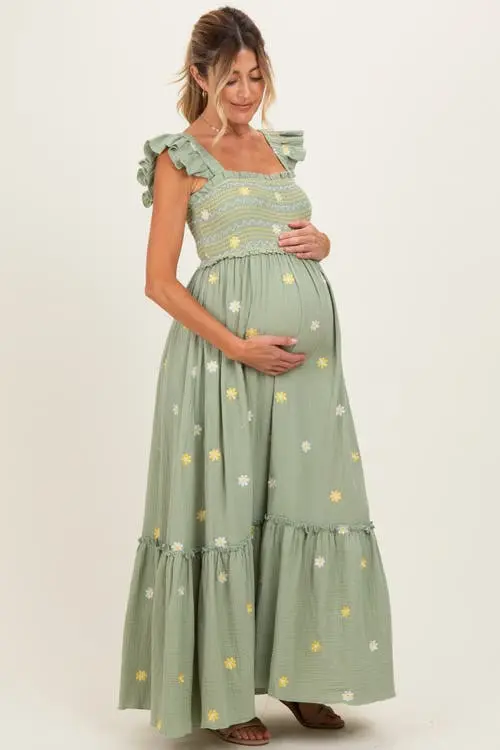 PINKBLUSH Floral Embroidered Smocked Maxi Dress
