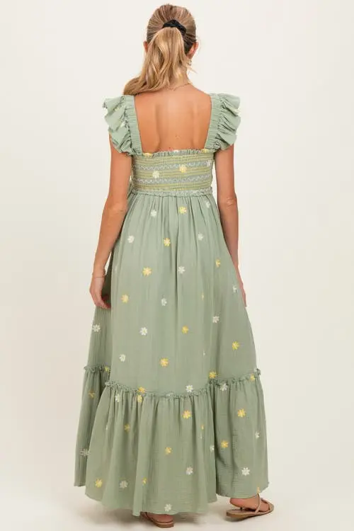 PINKBLUSH Floral Embroidered Smocked Maxi Dress