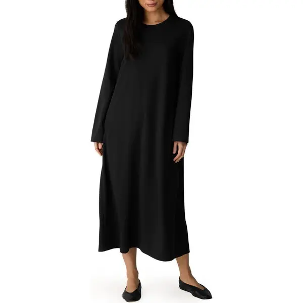 Eileen Fisher Crewneck Long Sleeve Midi Dress - Black