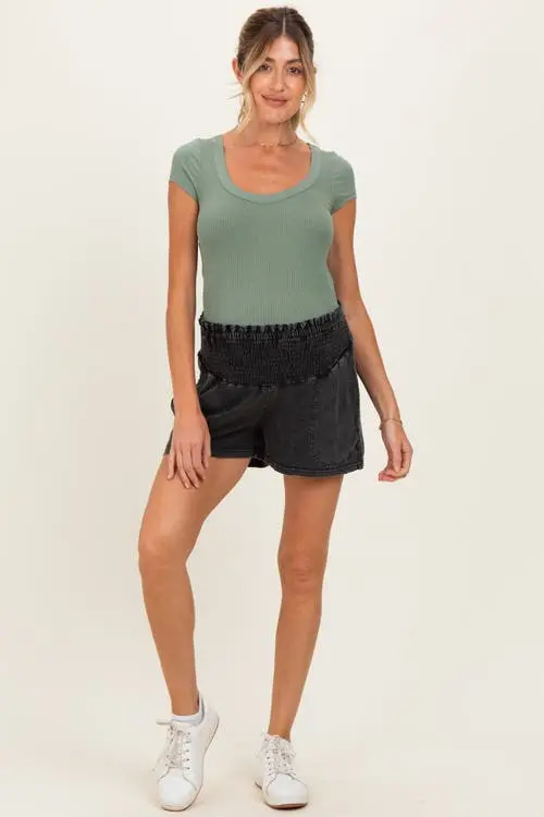 PINKBLUSH Smocked Waist Mineral Wash Shorts