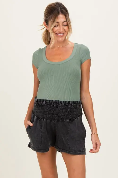 PINKBLUSH Smocked Waist Mineral Wash Shorts