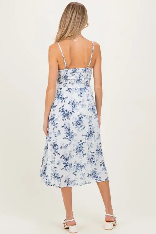 PINKBLUSH Blue Floral Twisted Front Midi Dress