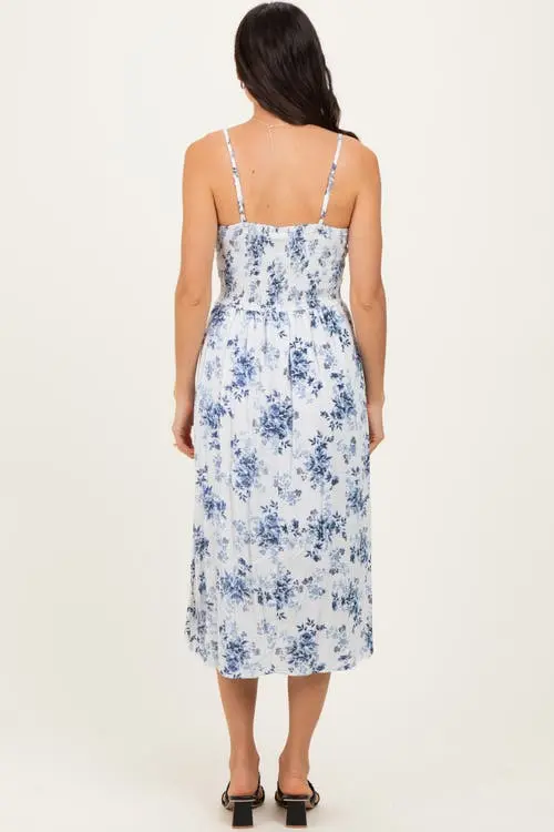 PINKBLUSH Blue Floral Twisted Front Midi Dress