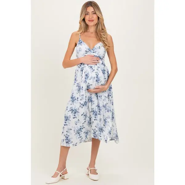 PINKBLUSH Floral Twisted Front Maternity Midi Dress - White