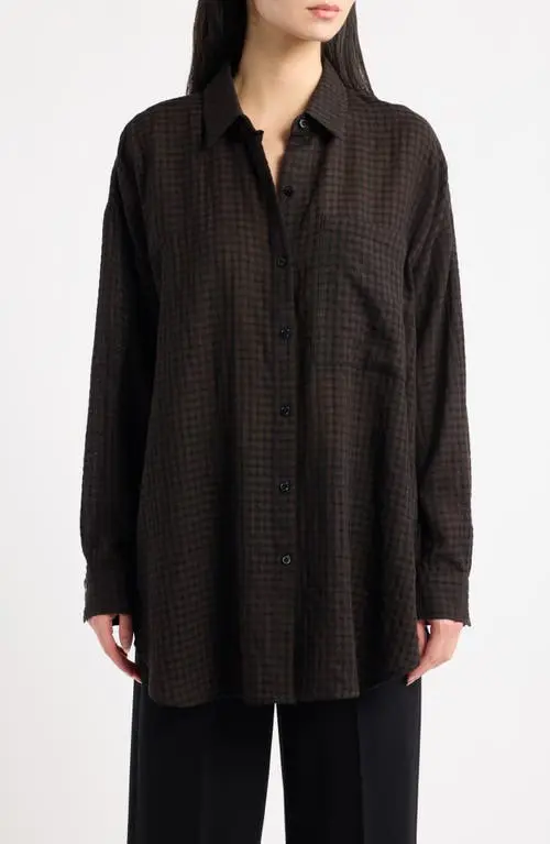 Eileen Fisher Classic Collar Check Longline Shirt - Coffee