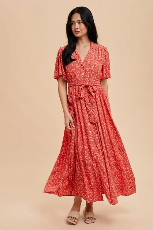 PINKBLUSH Flutter Sleeve Button Down Maxi Dress - Red