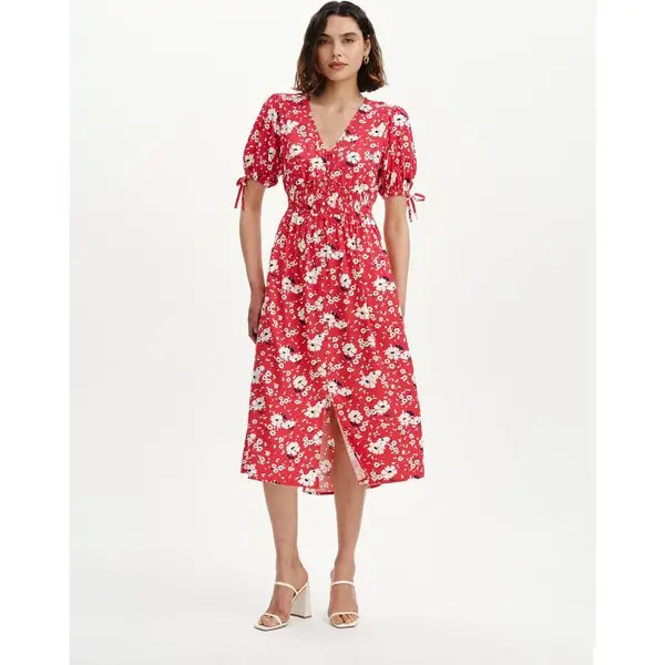 FINERY LONDON Margot Button Through Floral Print Midi Dress - Red Floral