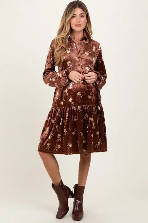 PINKBLUSH Floral Velvet Button Down Midi Dress - Brown