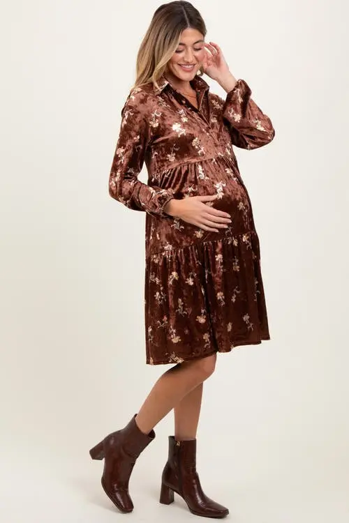 PINKBLUSH Floral Velvet Button Down Midi Dress