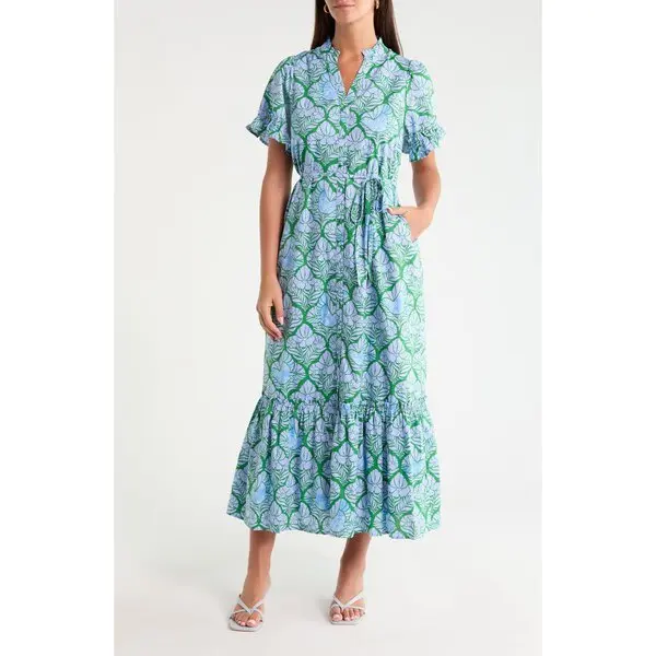 SUGARLIPS Alna Floral Ruffle Trim Button-up Midi Dress