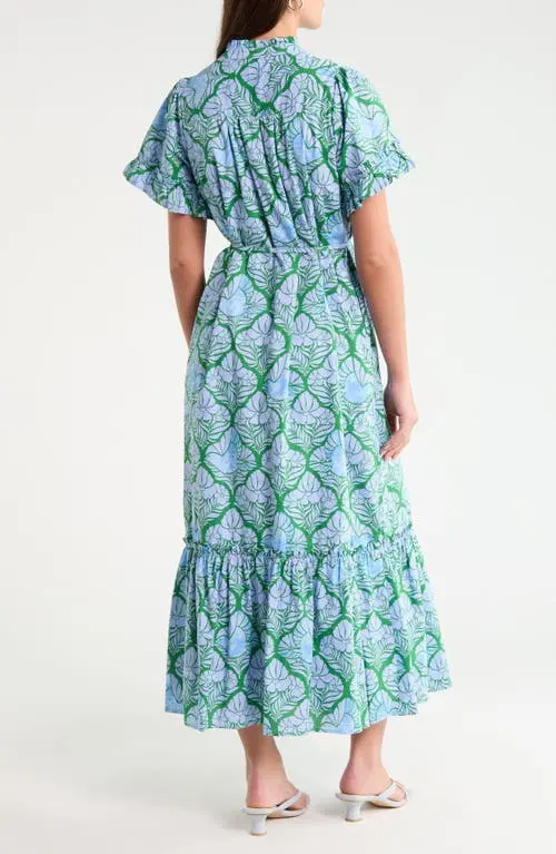 SUGARLIPS Alna Floral Ruffle Trim Button-up Midi Dress