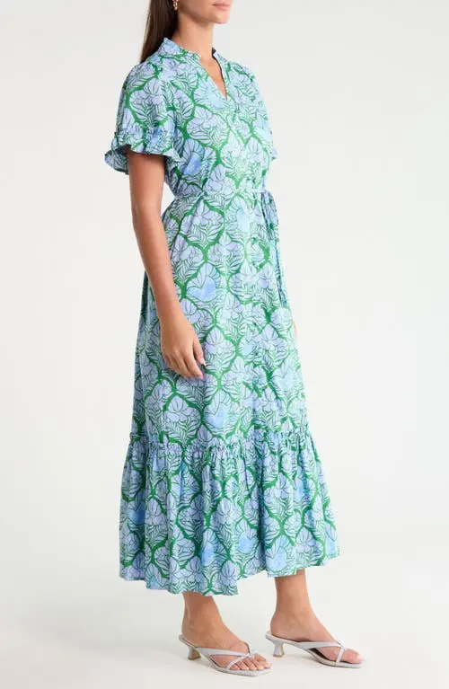 SUGARLIPS Alna Floral Ruffle Trim Button-up Midi Dress