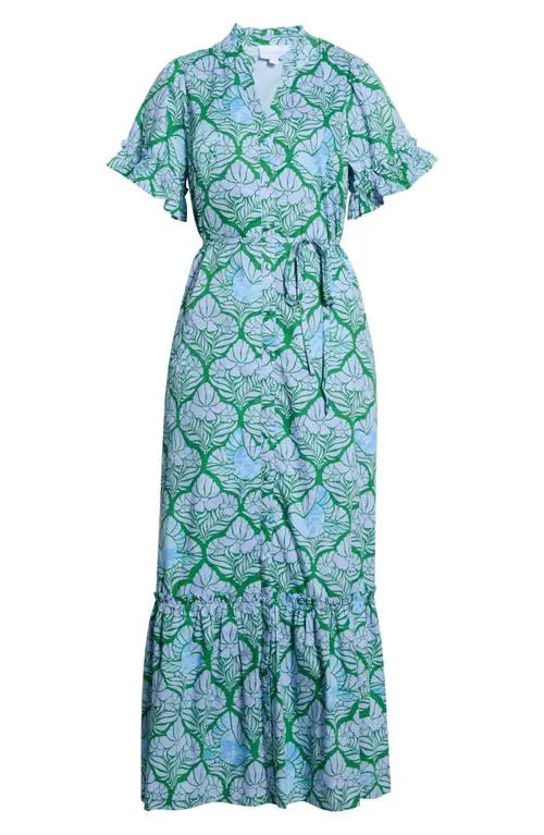 SUGARLIPS Alna Floral Ruffle Trim Button-up Midi Dress