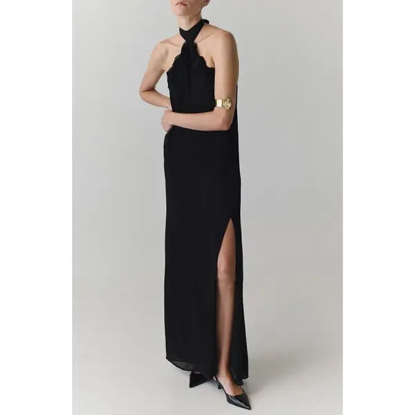 Mango Halter Neck Maxi Dress With Floral Detail - Black