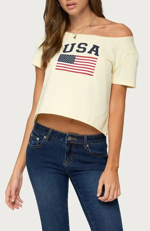 EDIKTED Usa Babe Off The Shoulder Graphic Tee - Yellow