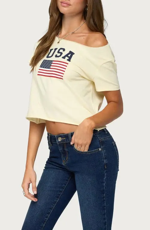 EDIKTED Usa Babe Off The Shoulder Graphic Tee