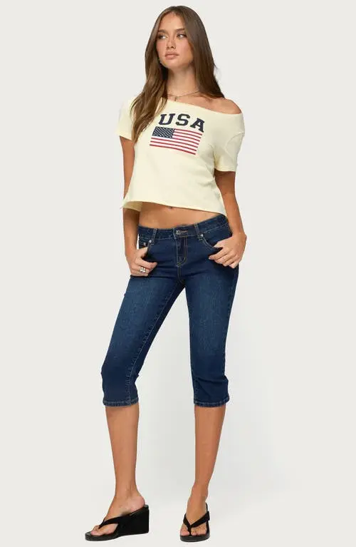 EDIKTED Usa Babe Off The Shoulder Graphic Tee