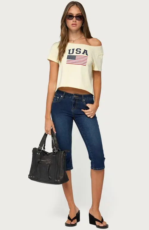 EDIKTED Usa Babe Off The Shoulder Graphic Tee
