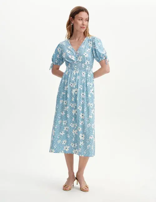 FINERY LONDON Margot Button Petite Fit Midi Dress - Blue Ditsy