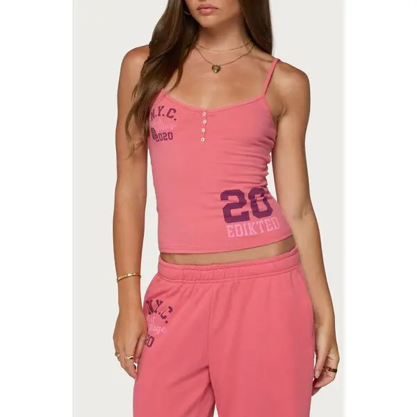 EDIKTED 2020 Henley Tank Top - Pink