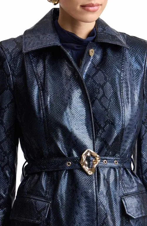 Avec Les Filles Snakeskin Embossed Faux Leather Belted Trench Coat
