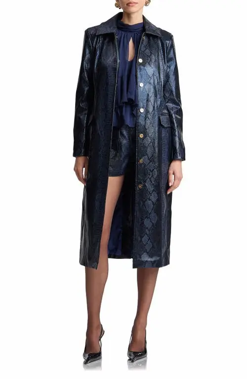 Avec Les Filles Snakeskin Embossed Faux Leather Belted Trench Coat