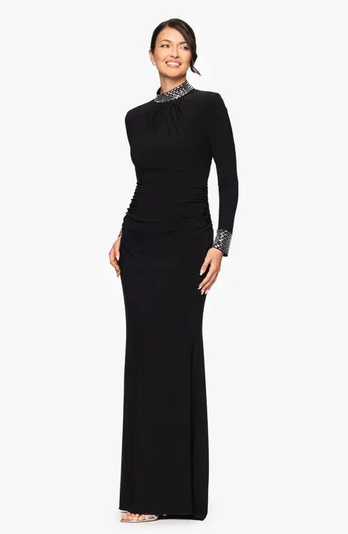 Betsy & Adam Ruched Beaded Long Sleeve Gown