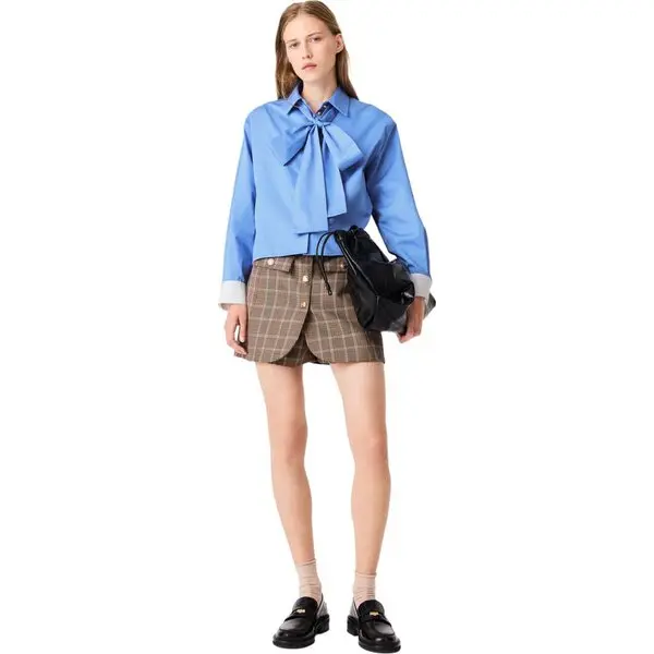 Maje Cotton Pussy Bow Shirt - Blue