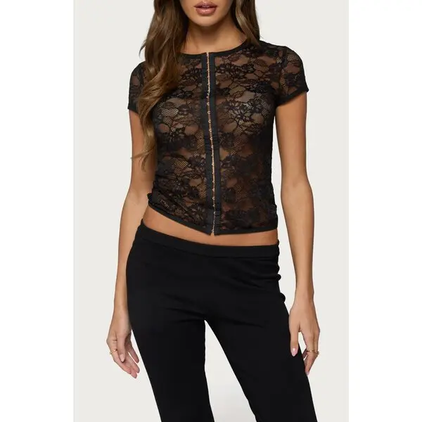 EDIKTED Jessi Sheer Lace Hook & Eye Top - Black