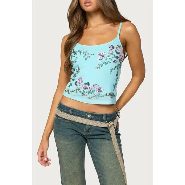 EDIKTED Blair Floral Beaded Mesh Camisole - Blue