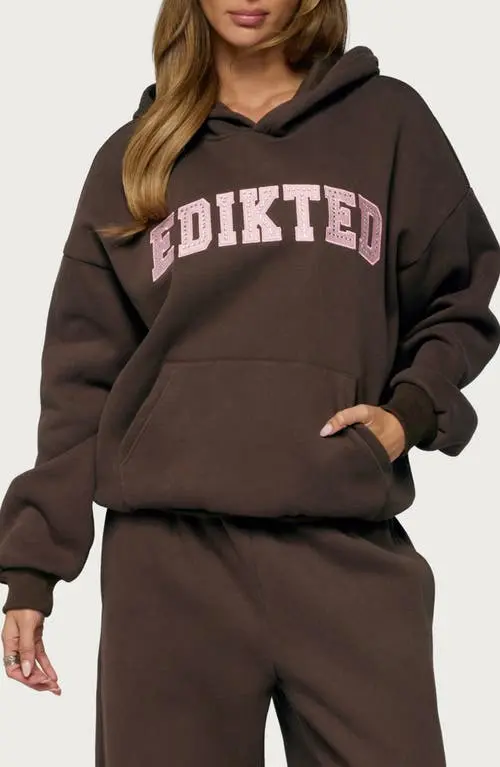EDIKTED Glow Rhinestone Graphic Hoodie - Brown