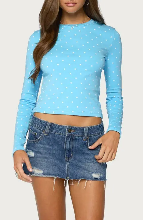 EDIKTED Daliya Polka Dot Long Sleeve Crop Top - Turquoise