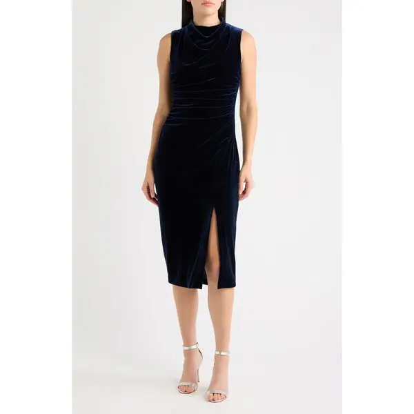 Vince Camuto High Cowl Neck Ruched Velvet Midi Dress - Navy