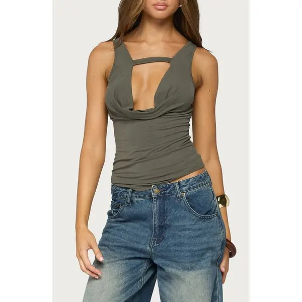 EDIKTED Emeri Deep Cowl Neck Cutout Top - Olive