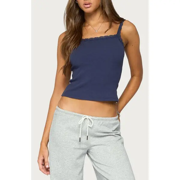 EDIKTED Luschia Lace Trim Tank Top - Navy