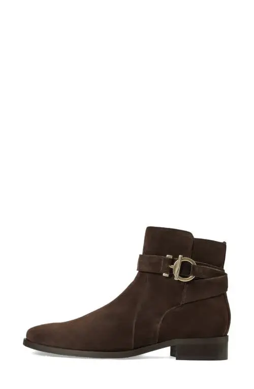 Aquatalia Silla Waterproof Leather Ankle Bootie With Geometric Buckle - Espresso Suede