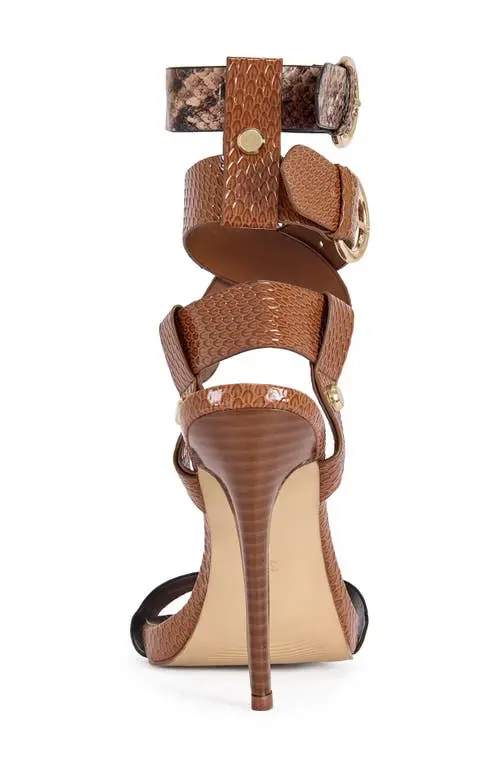 AZALEA WANG Kandinsky Snakeskin Embossed Stiletto Sandals - Cognac