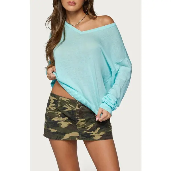 EDIKTED Geara V-neck Long Sleeve Cotton Top - Aqua