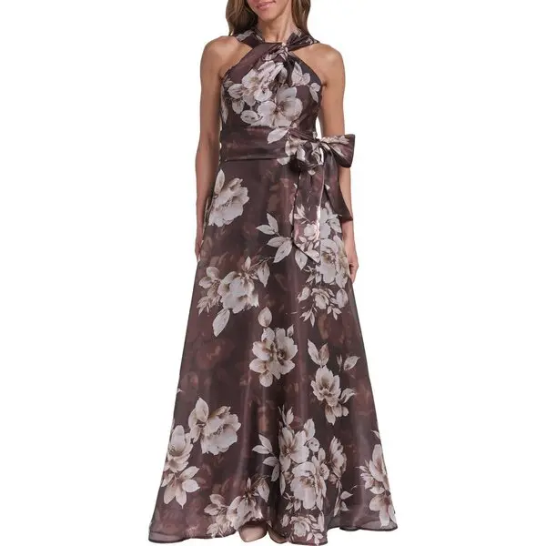 Eliza J Floral Twist Neck Ballgown - Chocolate