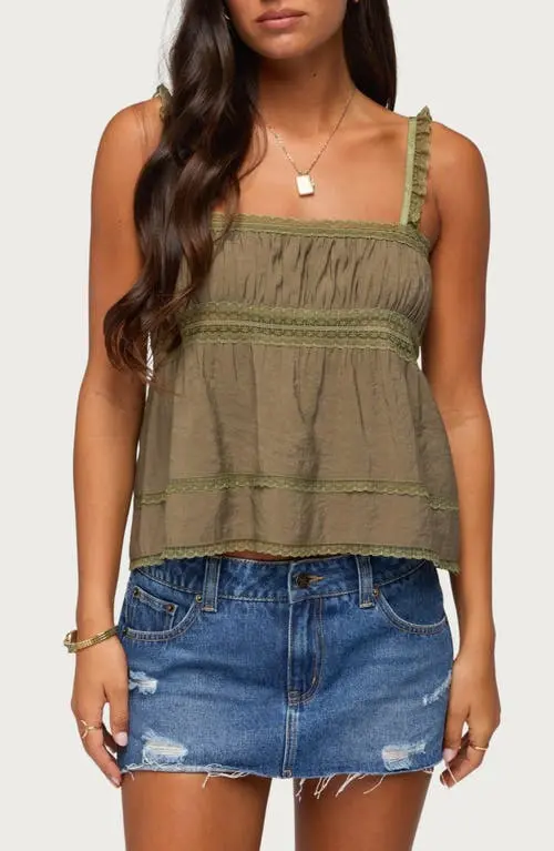 EDIKTED Mable Lace Trim Tiered Babydoll Tank - Olive