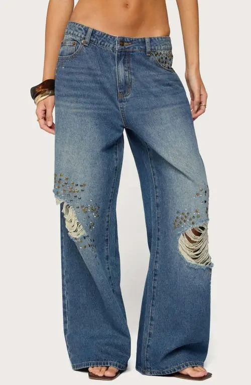 EDIKTED Eunia Studded Low Rise Baggy Wide Leg Jeans - Blue-washed