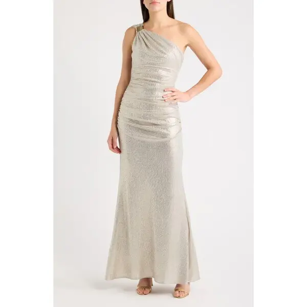 Eliza J Metallic One-shoulder Ruched Mermaid Gown - Gold