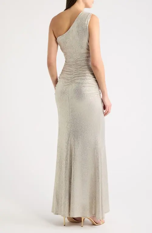Eliza J Metallic One-shoulder Ruched Mermaid Gown
