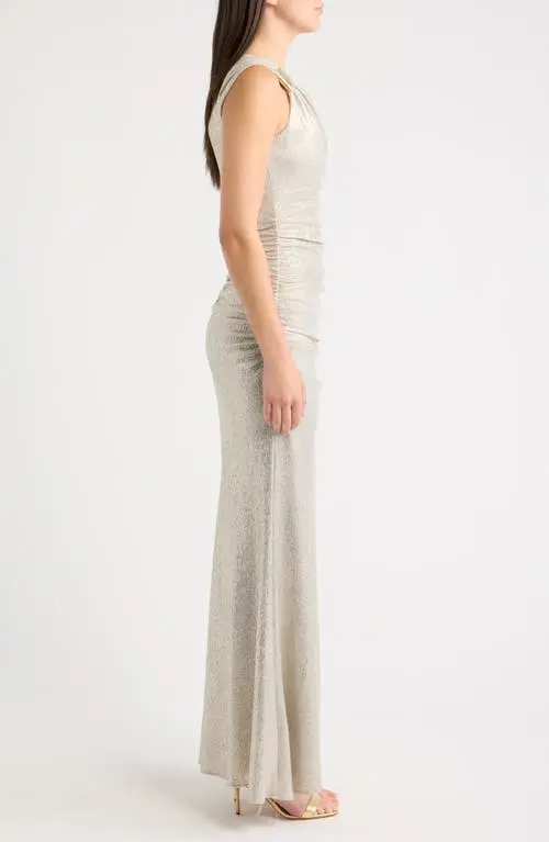 Eliza J Metallic One-shoulder Ruched Mermaid Gown
