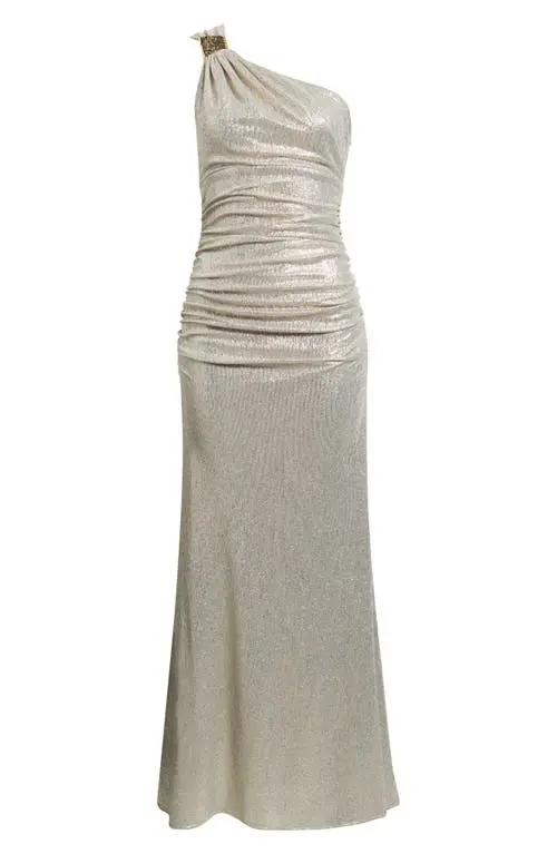 Eliza J Metallic One-shoulder Ruched Mermaid Gown