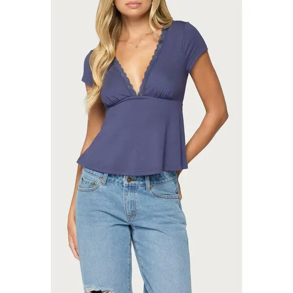 EDIKTED Palermo Laced Babydoll Top - Navy